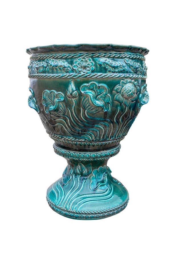 Green Ceramic Flower Pot with Lotus Pattern Style Isolated on White ...