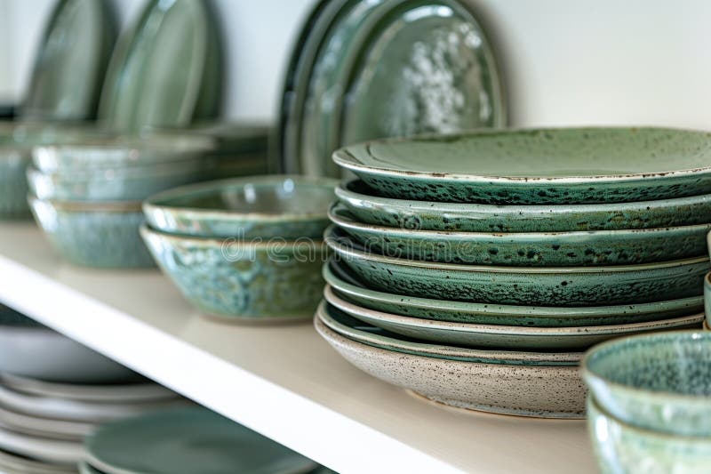 Green Ceramic Plates Stacked on a Shelves Ai Photo Stock Illustration ...