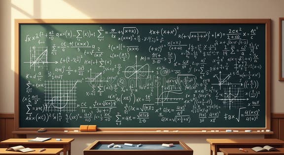 Complex Mathematical Equations and Graphs Fill a Green Chalkboard in a ...
