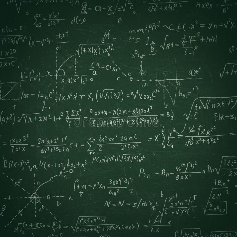 A Green Chalkboard Densely Covered with Mathematical Equations, Graphs ...