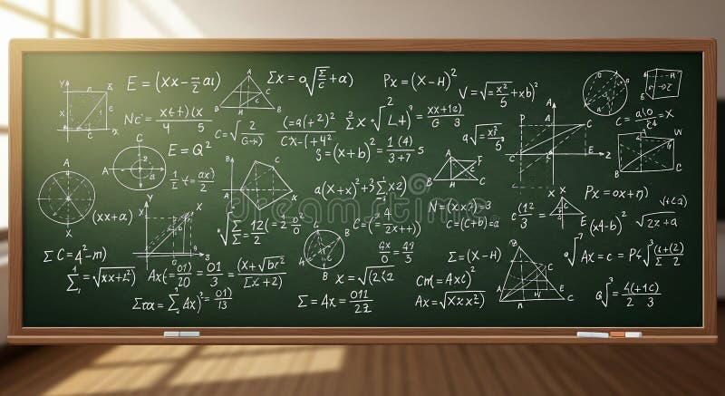 Green Chalkboard Filled with Complex Mathematical Equations, Geometry ...