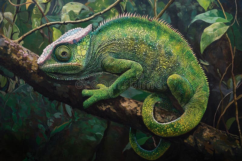 Green Chameleon in Rainforest Stock Photo - Image of branch, detail ...