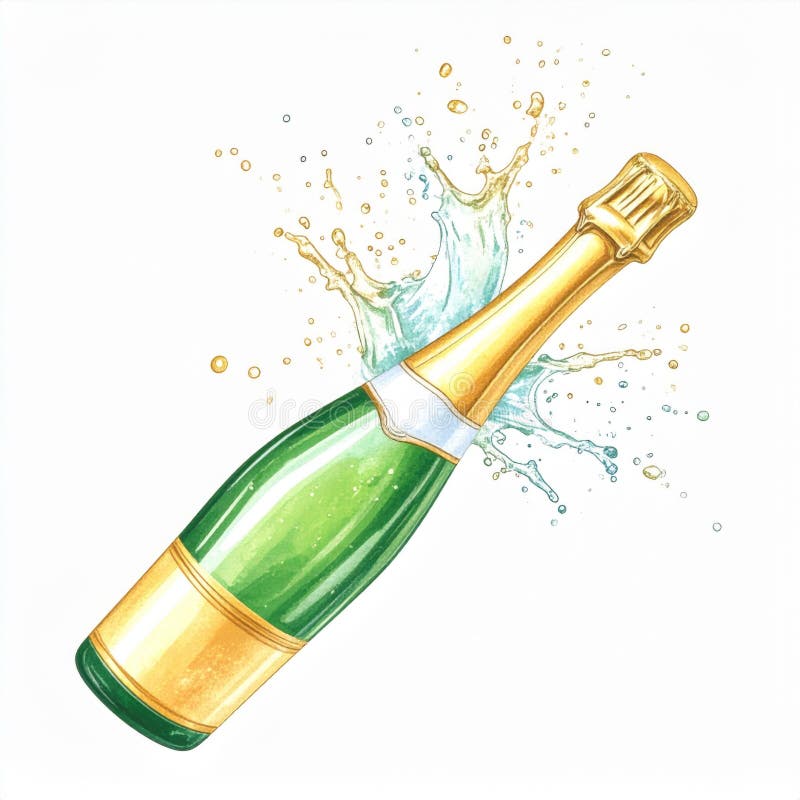 Green Champagne Bottle with Gold Label and Splash Stock Illustration ...