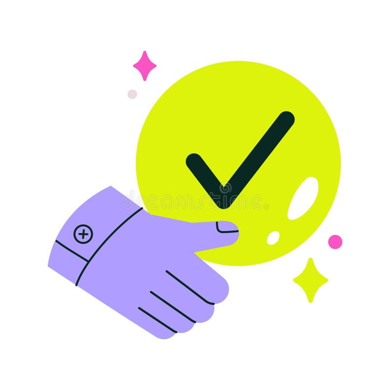 Green Check Mark with Hand Gesture in Flat Vector Illustration ...