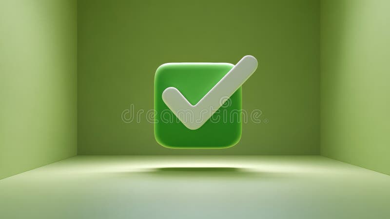 Green Check Mark Icon Floating in Empty Room with Soft Lighting and ...
