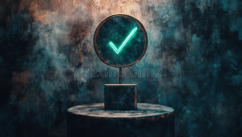 A Green Check Mark Icon Positioned on a Round Stone Base. Signifies ...