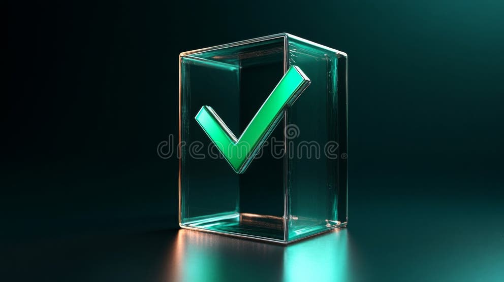 Green Check Mark Inside Glass Cube on Teal Background Stock ...