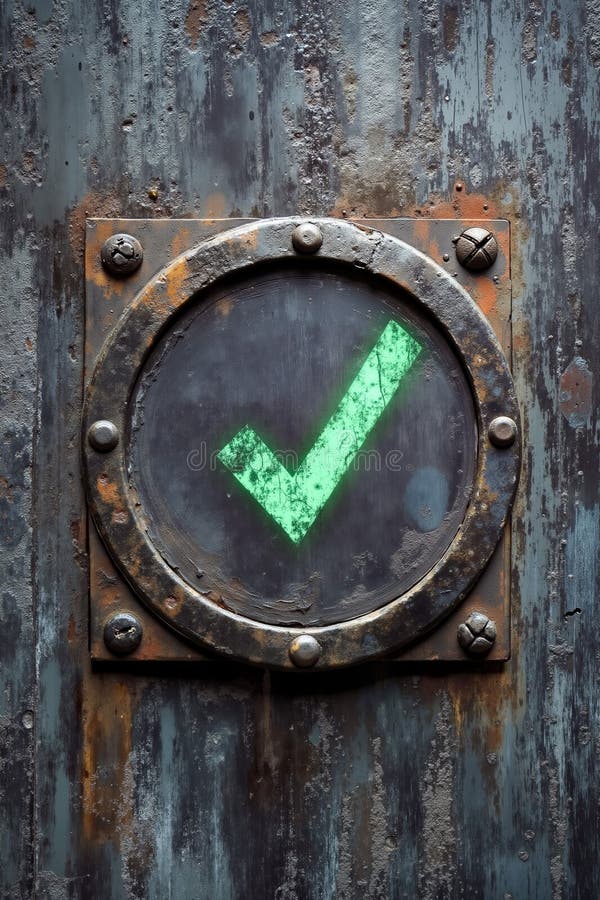 A Green Check Mark on a Metal Door with Rivets Stock Image - Image of ...
