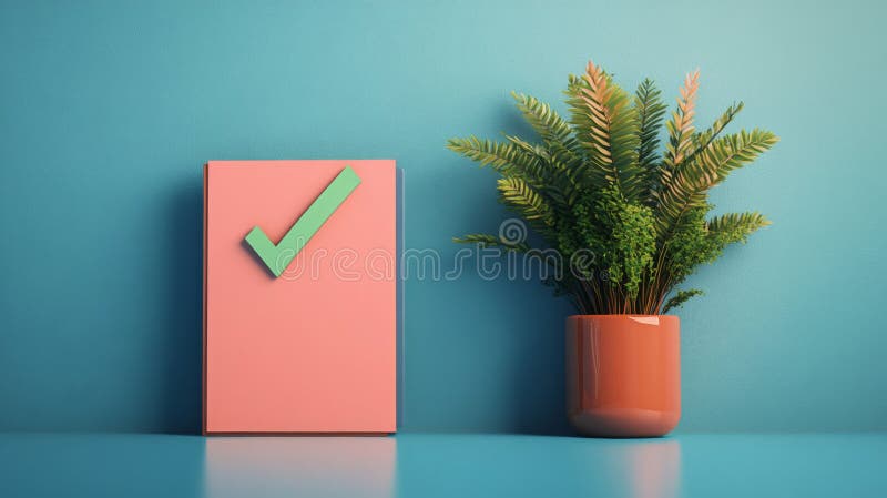 Green Check Mark on Pink Box with Potted Plant Stock Illustration ...