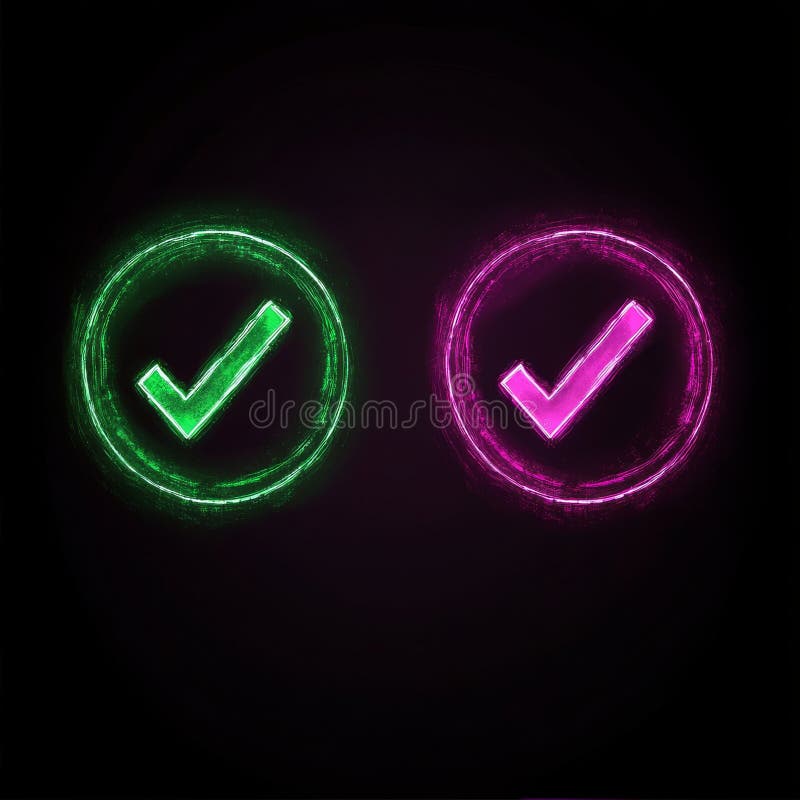 A Green Check Mark and a Pink Cross, Both Glowing in Neon Light ...