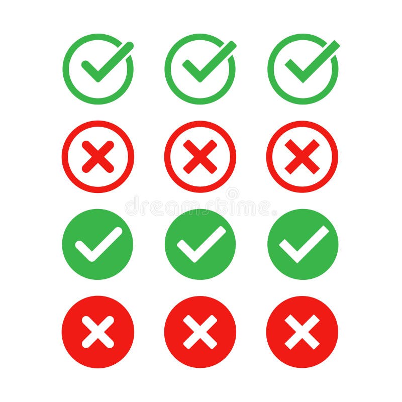 Green Check Mark and Red Cross Icon Set. Vector Isolated Elements. Tick Approved Symbol Stock ...
