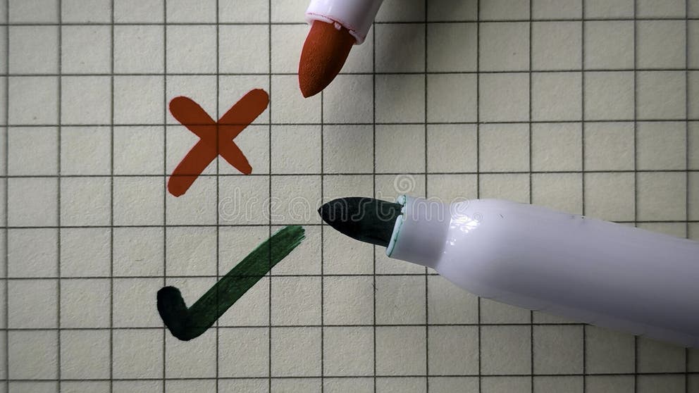Green Check Mark and Red "X" on Graph Paper with Markers Stock Image ...
