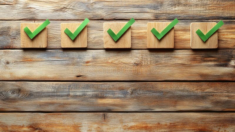 Green Check Marks on Wooden Squares Arranged on a Rustic Wooden Surface ...