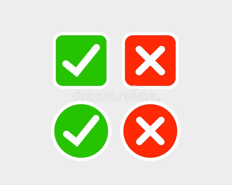 Green Check and Red Cross Mark Symbol Set, Round and Square Vector ...