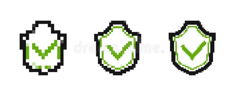 Green Check Shield Icons in Pixel Art Style Stock Illustration ...