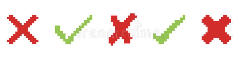Green Checkmark and Red Cross Pixel Icon Set. Retro Style Check and ...