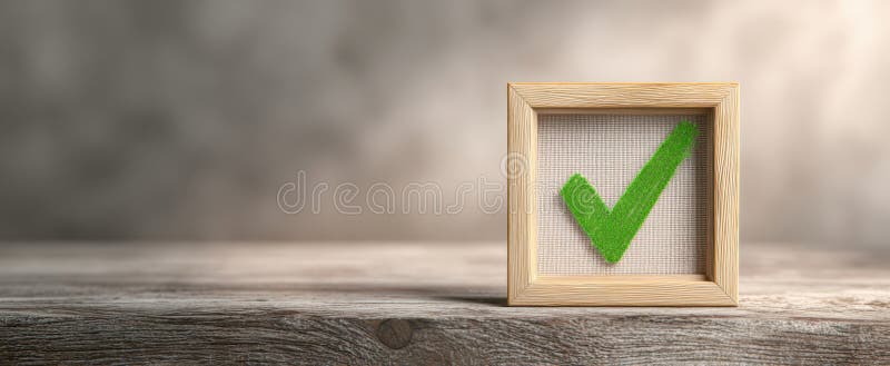 The Green Checkmark in a Wooden Frame on a Rustic Table Surface AI ...