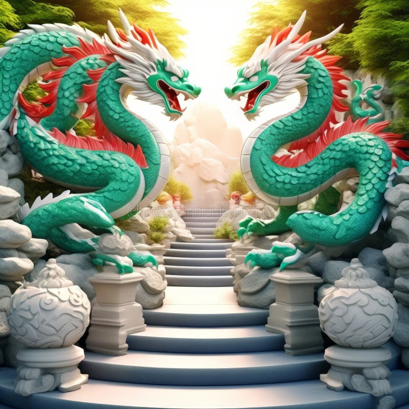 Green Chinese Dragon on Backdrop of Picturesque Mountain View Stock ...