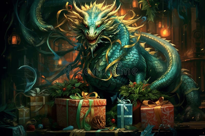 Green Chinese Dragon and Gift Boxes. the Concept of Celebrating the New ...