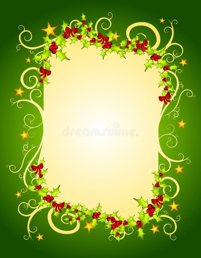 Green Christmas Holly and Stars Frame Stock Illustration - Illustration ...