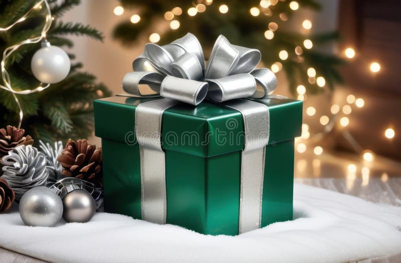 Green Christmas Present with Silver Ribbons at 28-11-2024 Stock ...