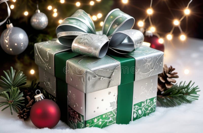 Green Christmas Present with Silver Ribbons at 28-11-2024 Stock ...