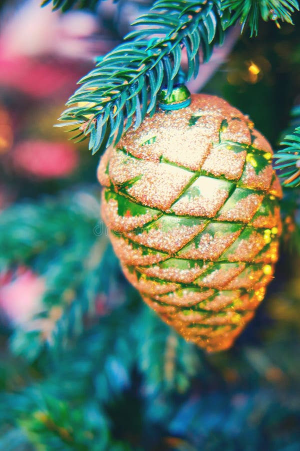 Green Christmas Tree with Golden Cone, Xmas Decorations on New Year ...