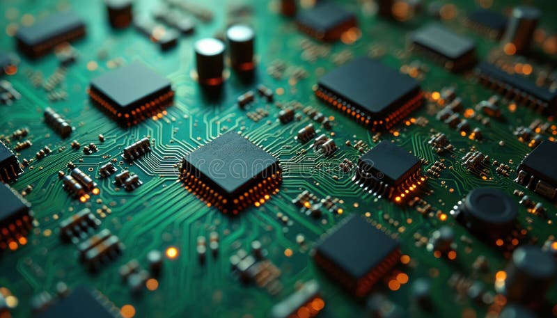 Green Circuit Board Closeup with Microchips. Motherboard with ...