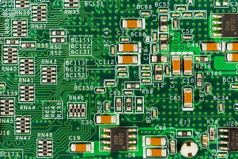 Green Circuit Board with Conductor Tracks, Elements and Electron Stock ...