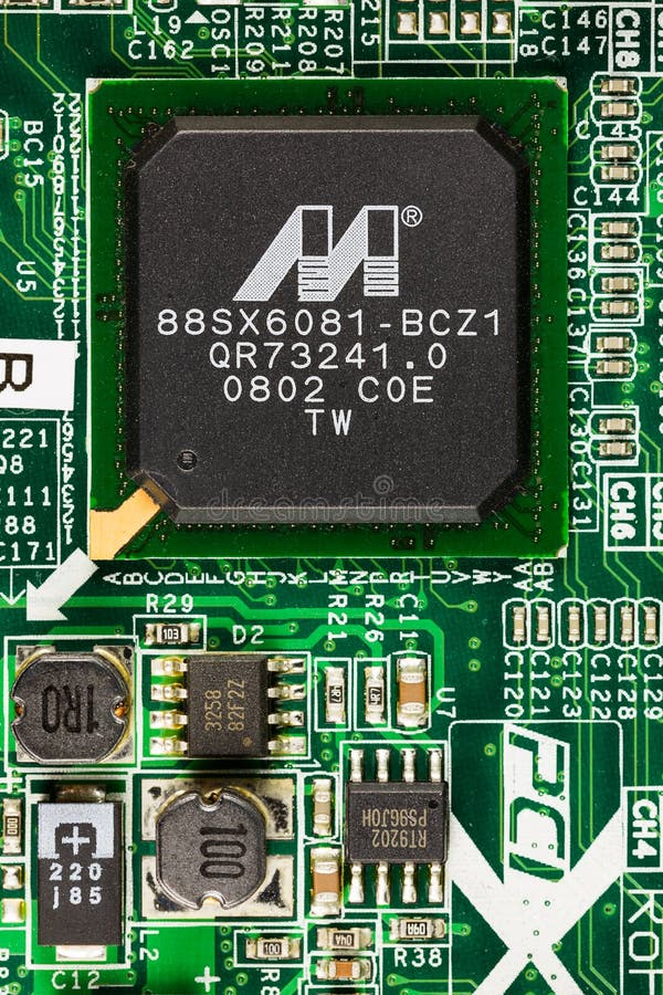 Green Circuit Board with Conductor Tracks, Elements and Electron ...