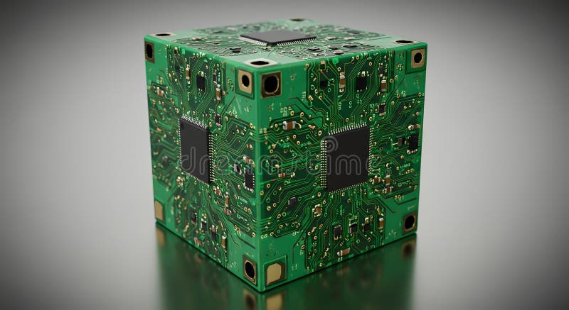 Green Circuit Board Cube with Black Chips Stock Illustration ...