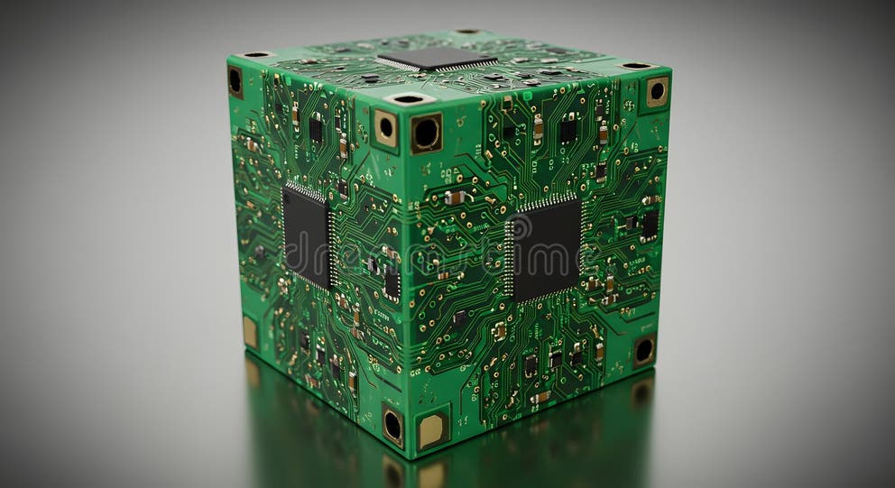 Green Circuit Board Cube with Black Chips Stock Illustration ...