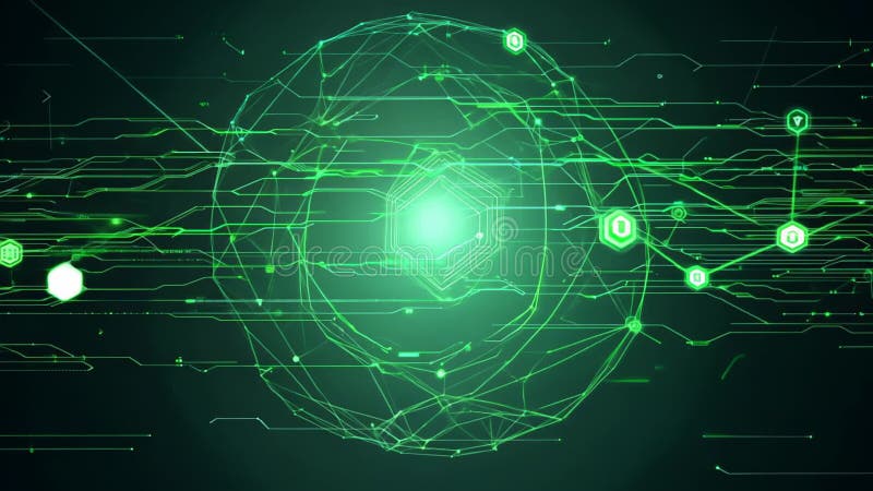 Green Circular Digital Network Interface with Rotating Nodes and Lines ...