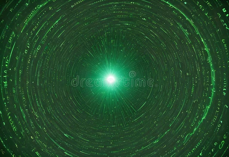 Green Circular Vortex with Digital Data and a Bright Light at the ...