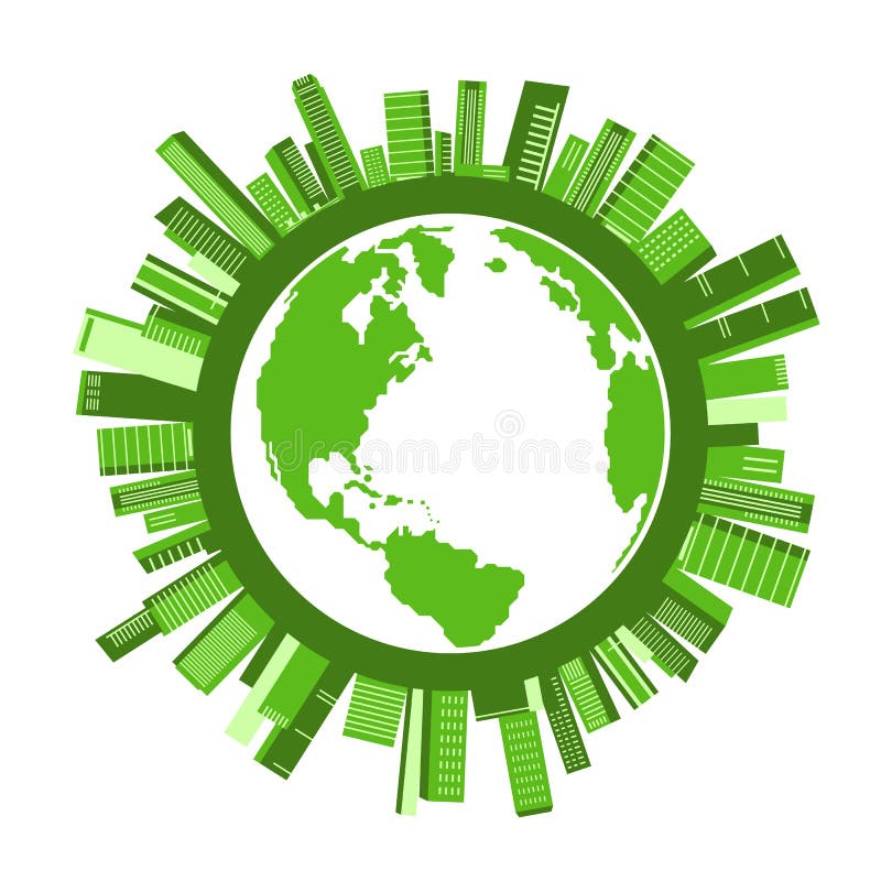Green City Buildings Around Circle and Earth Map Vector Design Stock ...