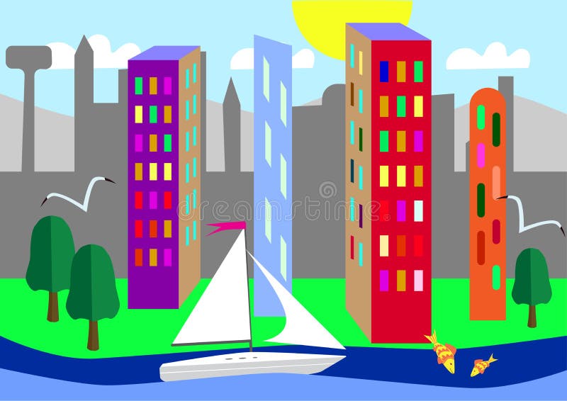 Green city on the ocean stock vector. Illustration of green - 84943175