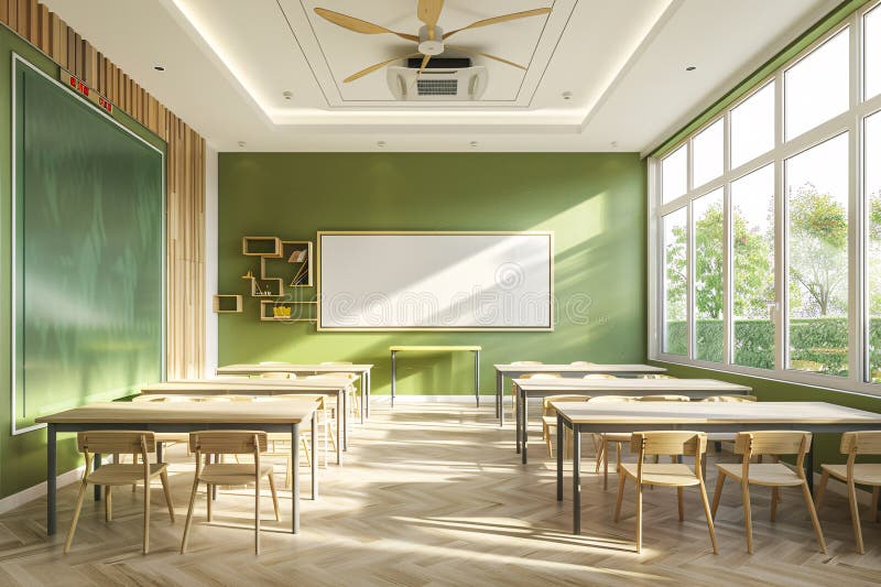 Green Class Room with Chairs and Tables Stock Illustration ...