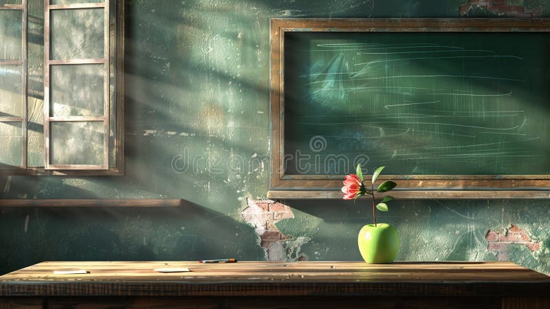 Rustic Classroom Still Life Green Apple Flower Blackboard Wooden Desk ...