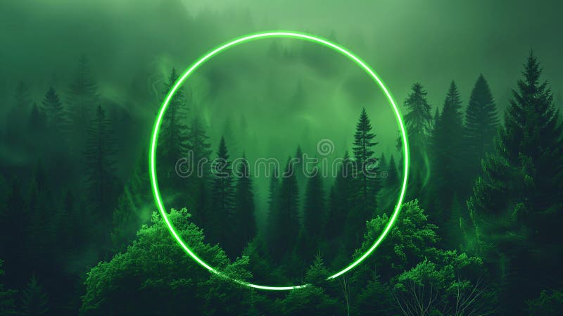 Green Clean Logo, Empty Neon Circle Frame, on Forest Background ...