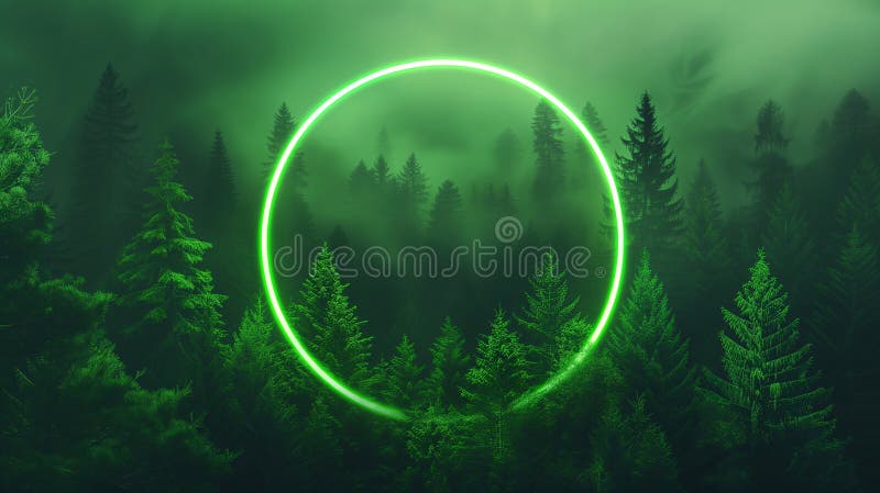 Green Clean Logo, Empty Neon Circle Frame, on Forest Background ...