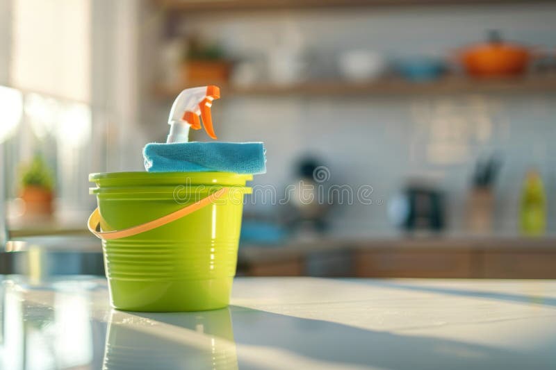 Green Cleaning Bucket with Supplies in Modern Kitchen for Spring ...