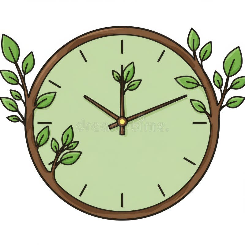 Green Clock with Brown Frame and Lush Leaves Stock Illustration ...