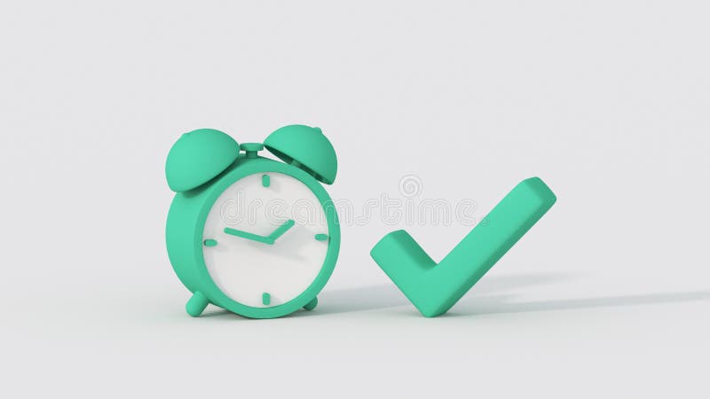 Green Clock and Check Mark Minimal Cartoony 3D Render Illustration ...