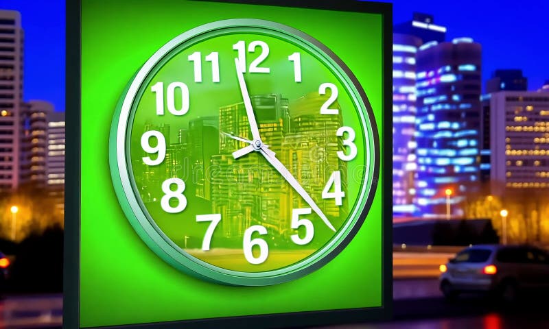 Green Clock Face with City Lights, Digital Time Display Stock Footage ...