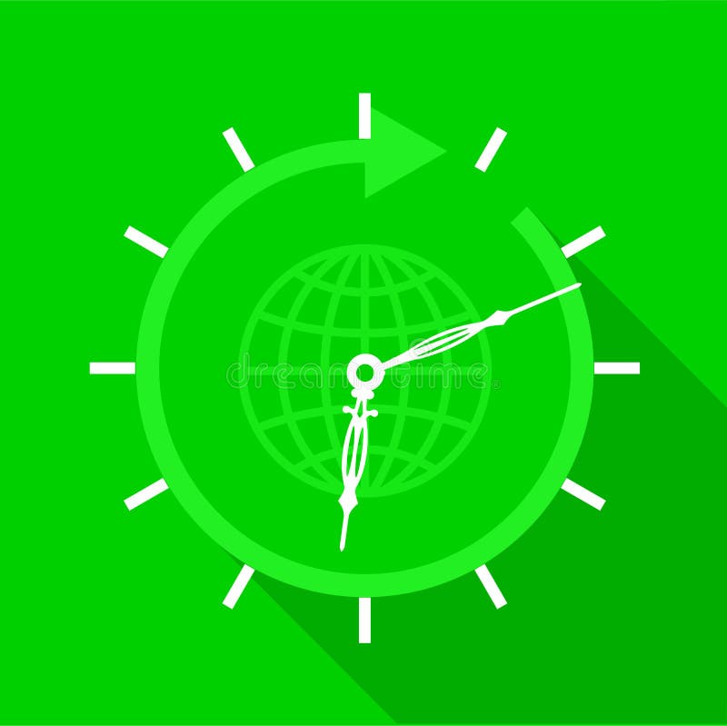 Green Clock with Globe Icon, Flat Style Stock Vector - Illustration of ...
