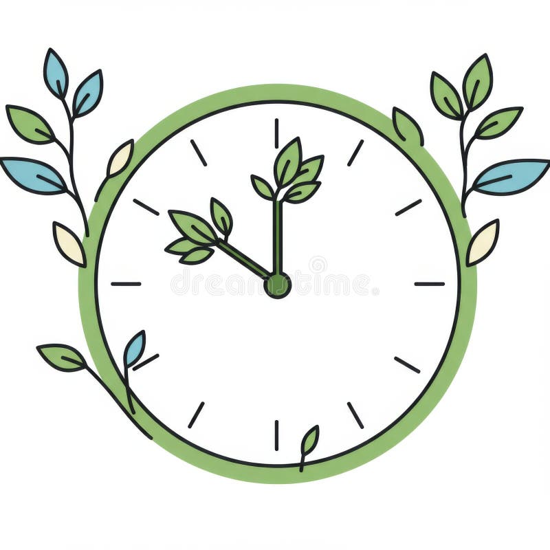 Green Clock with Leaves Illustration Stock Illustration - Illustration ...