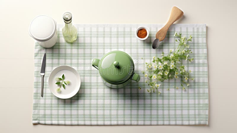Green Clothed Table with Kitchen Tools, Ideal for Product Displays and ...