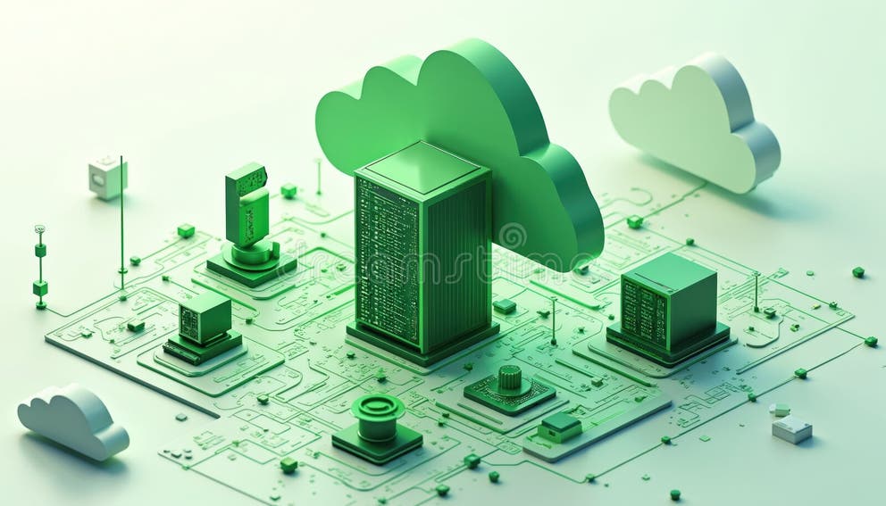 Green Cloud Computing Network with Server, Devices. Digital Cyberspace ...