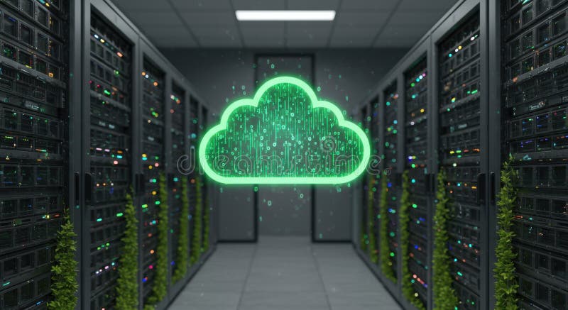A Green Cloud Icon in a Server Room between Rows of Server Racks ...
