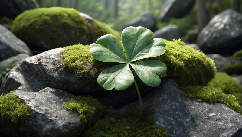 Green Clover Leaf on a Rock in the Forest 3d Render Stock Illustration ...